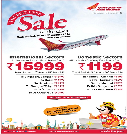 Air India-Great Independence Day Sale-Domestic Base Fare starting from ...
